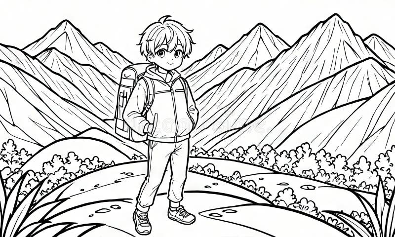 Coloring Book: Boy Exploring Mountain Terrain, Generated by AI Stock ...