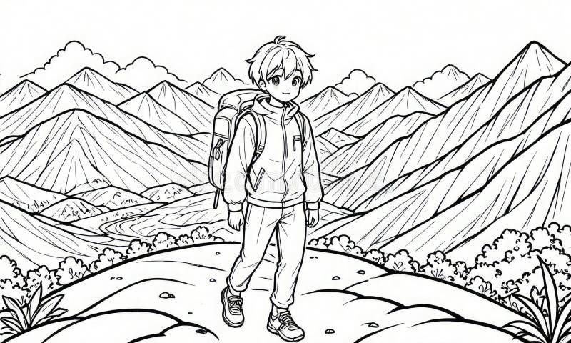 Coloring Book: Boy Exploring Mountain Terrain, Generated by AI Stock ...
