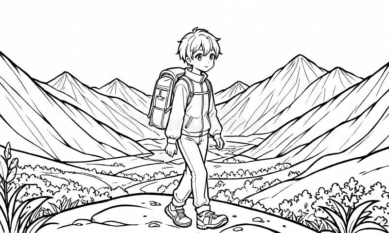 Coloring Book: Boy Exploring Mountain Terrain, Generated by AI Stock ...