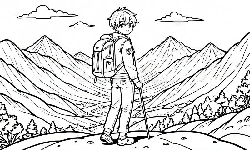 Coloring Book: Boy Exploring Mountain Terrain, Generated by AI Stock ...