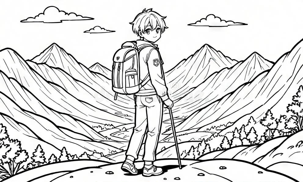 Coloring Book: Boy Exploring Mountain Terrain, Generated by AI Stock ...