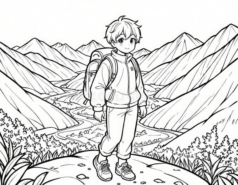 Coloring Book: Boy Exploring Mountain Terrain, Generated by AI Stock ...
