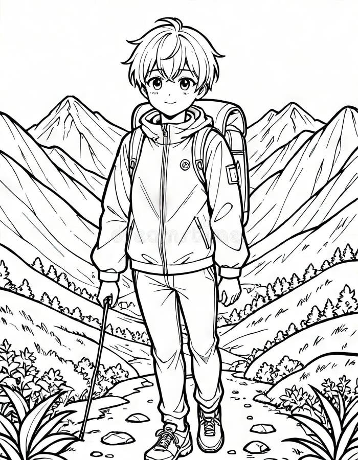 Coloring Book: Boy Exploring Mountain Terrain, Generated by AI Stock ...