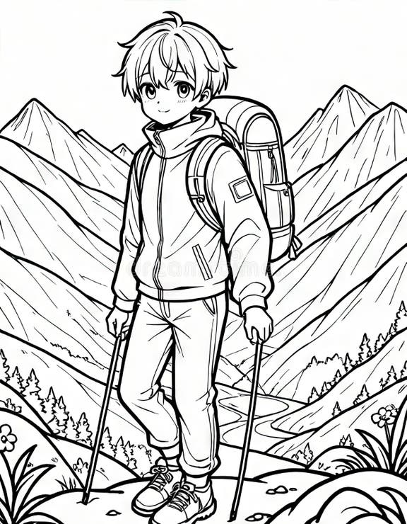 Coloring Book: Boy Exploring Mountain Terrain, Generated by AI Stock ...