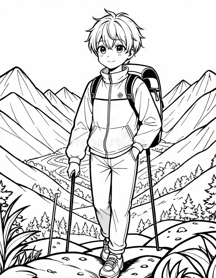 Coloring Book: Boy Exploring Mountain Terrain, Generated by AI Stock ...