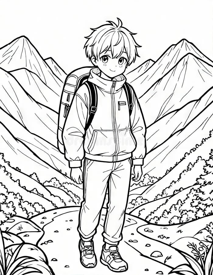 Coloring Book: Boy Exploring Mountain Terrain, Generated by AI Stock ...