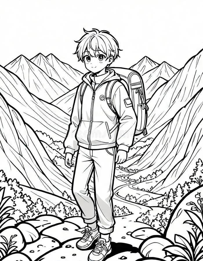 Coloring Book: Boy Exploring Mountain Terrain, Generated by AI Stock ...