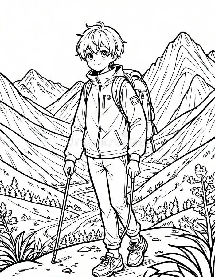 Coloring Book: Boy Exploring Mountain Terrain, Generated by AI Stock ...