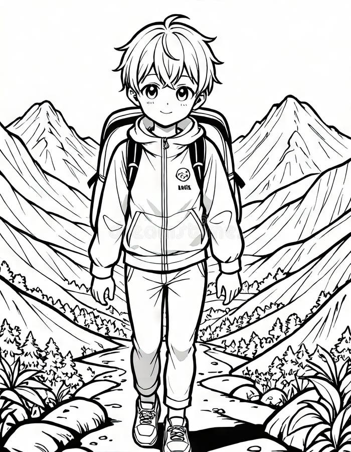 Coloring Book: Boy Exploring Mountain Terrain, Generated by AI Stock ...