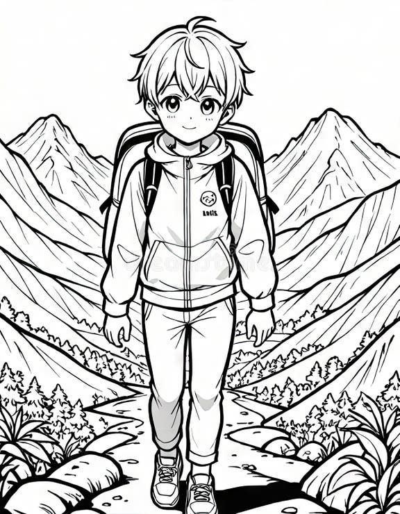 Coloring Book: Boy Exploring Mountain Terrain, Generated by AI Stock ...