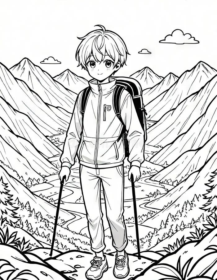 Coloring Book: Boy Exploring Mountain Terrain, Generated by AI Stock ...