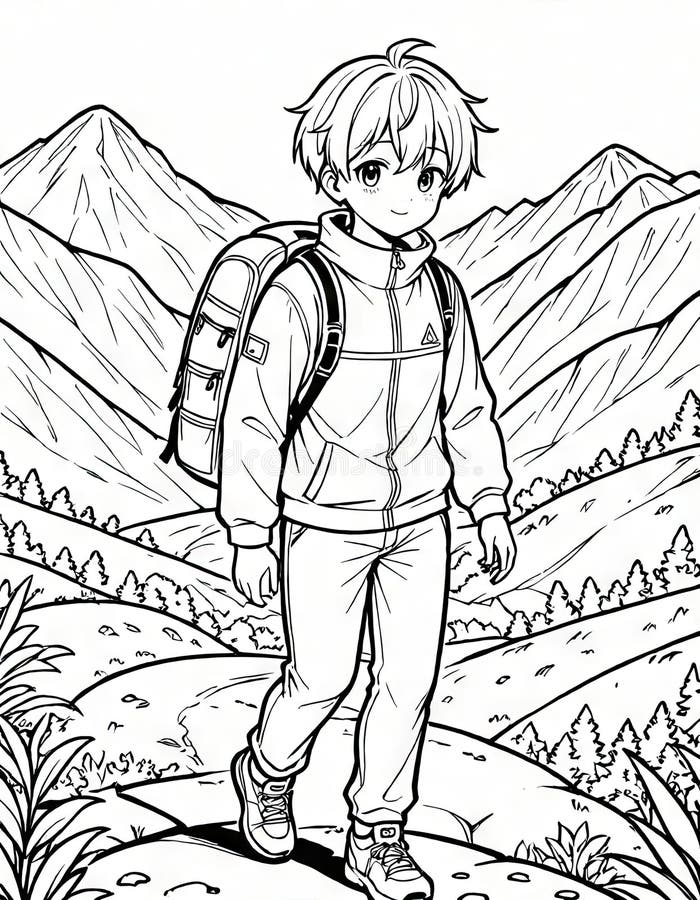 Coloring Book: Boy Exploring Mountain Terrain, Generated by AI Stock ...