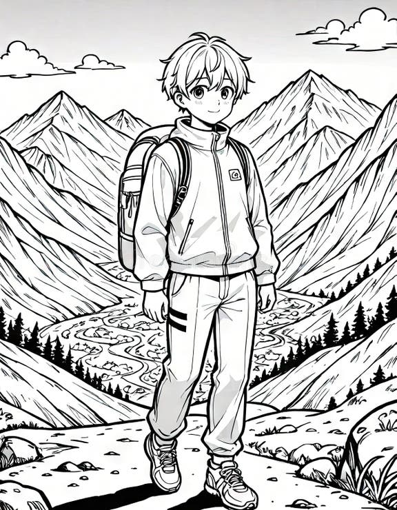 Coloring Book: Boy Exploring Mountain Terrain, Generated by AI Stock ...