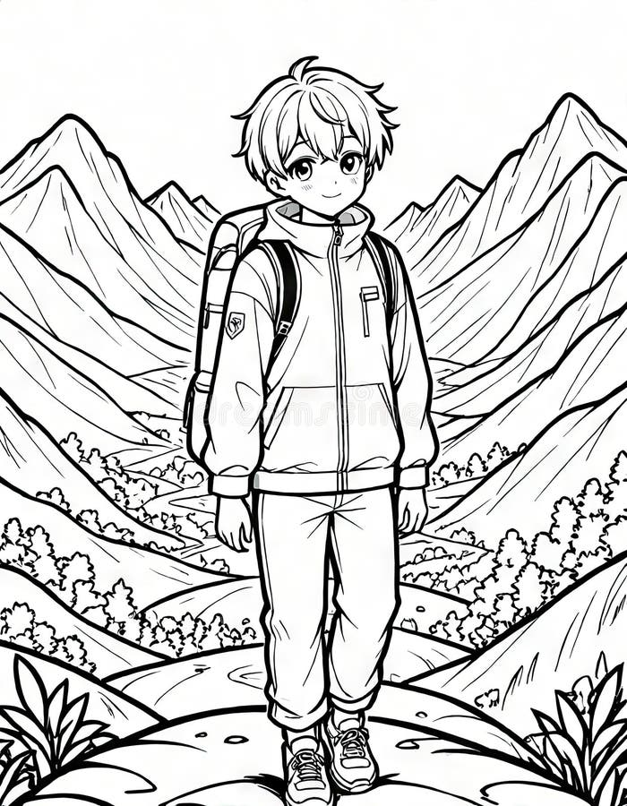 Coloring Book: Boy Exploring Mountain Terrain, Generated by AI Stock ...