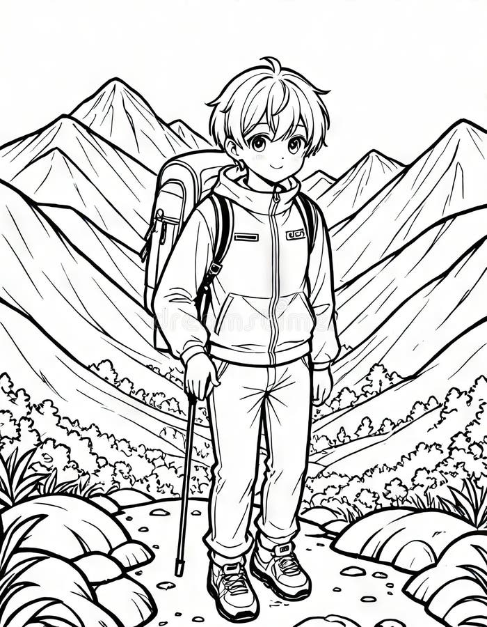 Coloring Book: Boy Exploring Mountain Terrain, Generated by AI Stock ...