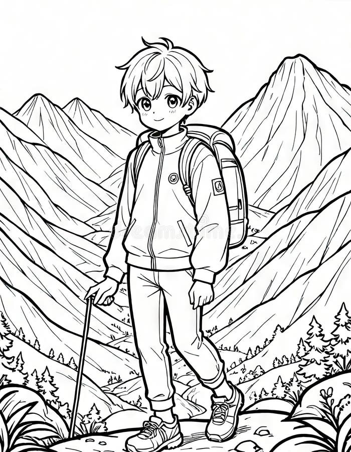 Coloring Book: Boy Exploring Mountain Terrain, Generated by AI Stock ...