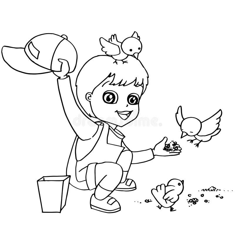 Coloring Book Child Feeding Birds Vector Stock Vector - Illustration of ...