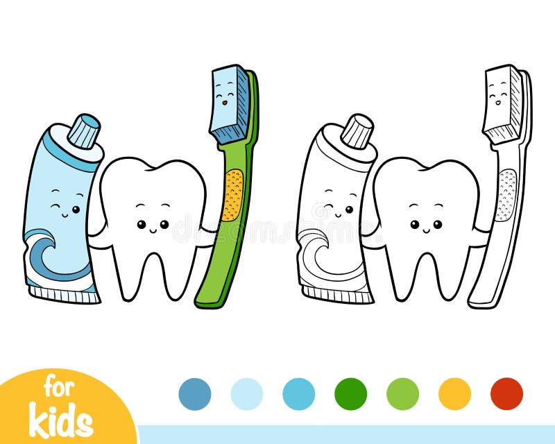 Coloring Tooth with Toothbrush & Toothpaste Stock Vector - Illustration ...