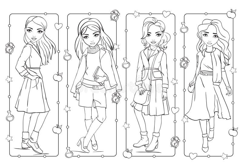 Coloring Book of Girls in Student Clothes Stock Vector - Illustration ...