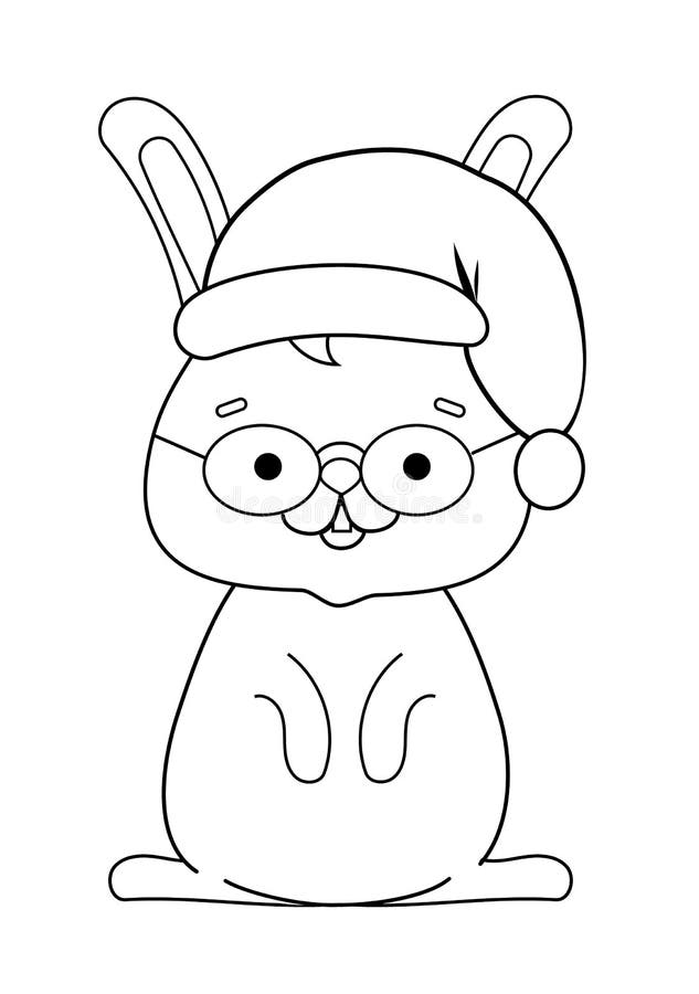 Coloring Book with a Cute Rabbit in Glasses and a Christmas Hat Stock ...