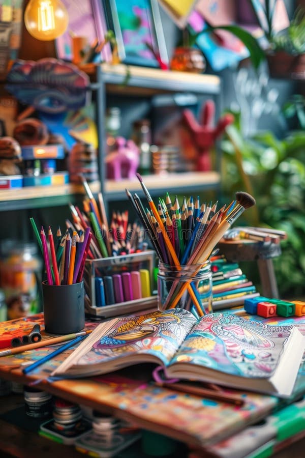 Coloring Book with Intricate Designs and Various Art Supplies on a Desk ...