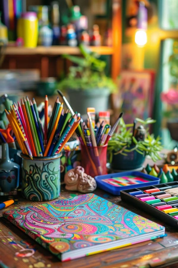 Coloring Book with Intricate Designs and Various Art Supplies on a Desk ...