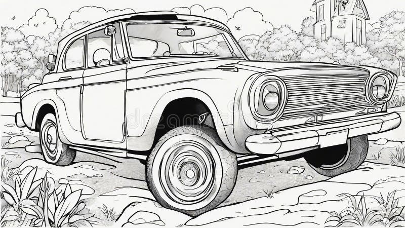 Coloring Book Kid Car on a Country Road Stock Illustration ...