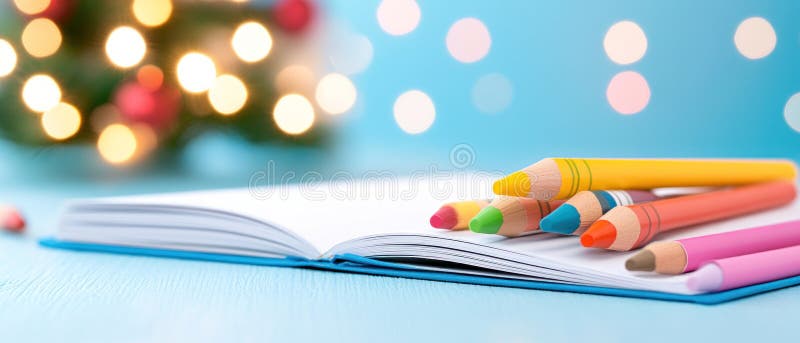 Coloring Book Open with Colorful Crayons on Blue Background, Evoking ...
