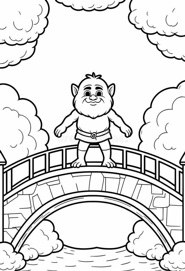 Coloring Book Page of a Cheerful Troll Standing on a Stone Bridge with ...