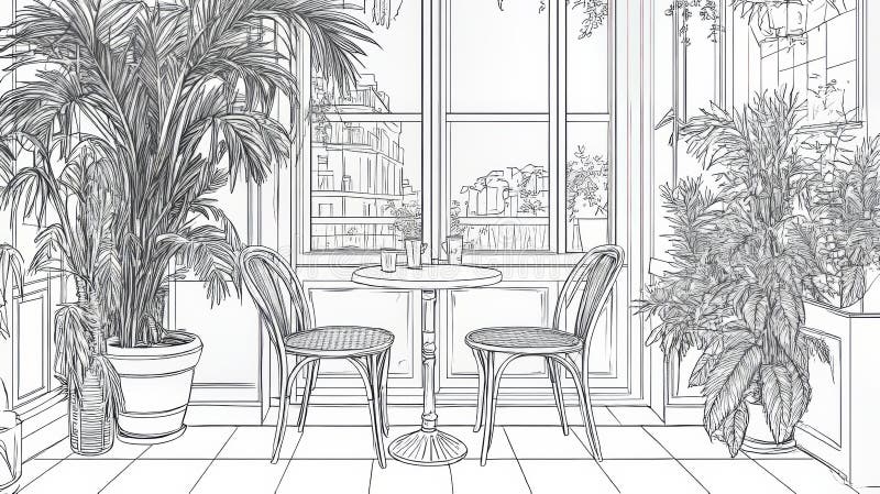 A Coloring Book Page Featuring an Indoor Seating Area Adorned with ...