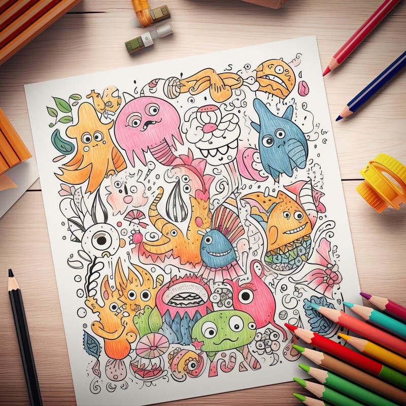 Coloring Book Page with Simple Fun Happy Doodle Creatures Stock ...