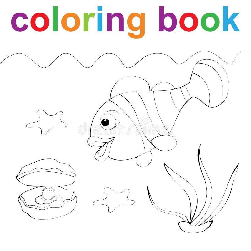 Coloring Book Page Template with Fish, Shells and Algae, for Kids Stock ...
