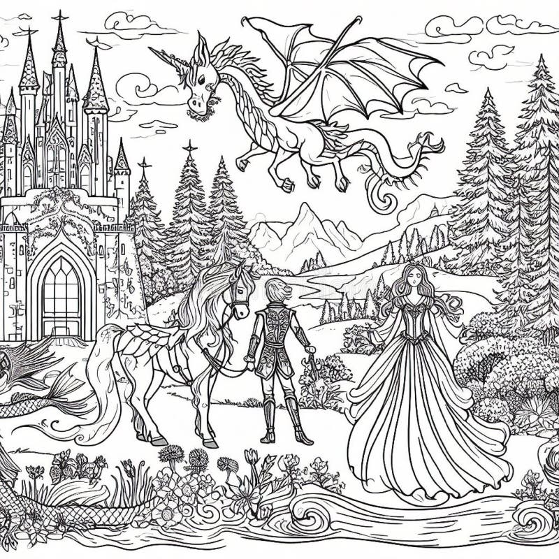 Coloring Book the Princess and the Dragon Stock Image - Image of ...