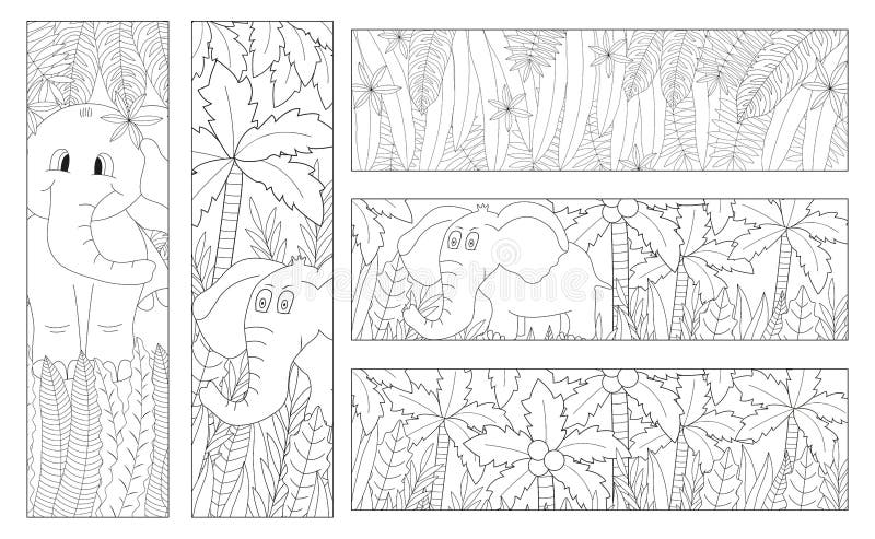 Coloring Bookmarks for Kids with Elephants. Cute Animal and Palms Stock ...