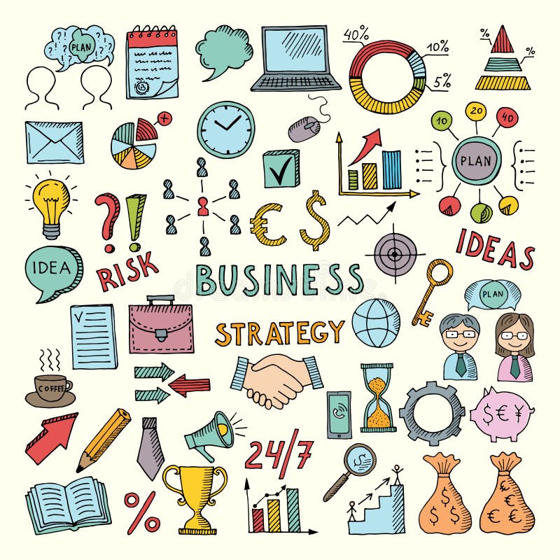 Coloring Business Illustrations in Hand Drawn Style. Vector Doodles Set ...