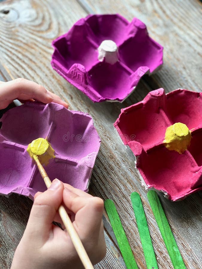 Coloring with Colors Flowers from Egg Boxes, Children`s Craft. Stock ...