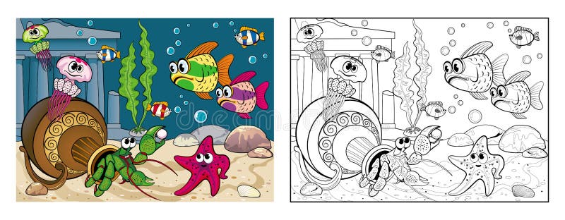 The Coloring of Marine Life on the Seabed Stock Illustration ...