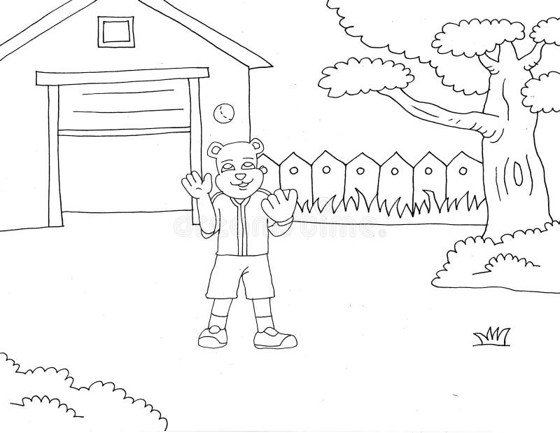 Coloring Page a Bear Cub Plays Baseball Behind the House Stock ...