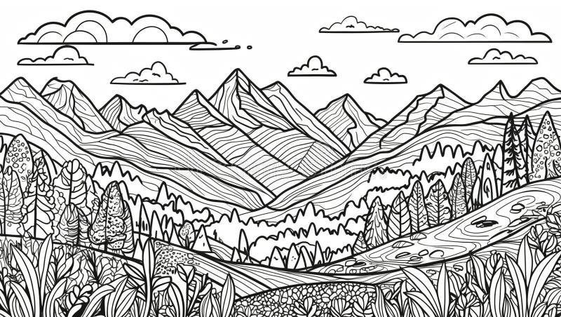 Coloring Page Beautiful Landscape, Mountains Stock Illustration ...