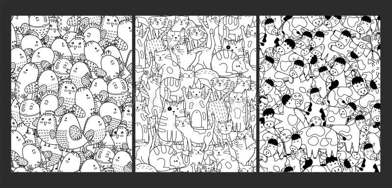 Doodle Coloring Pages Set with Cute Animals. Adorable Templates Bundle ...