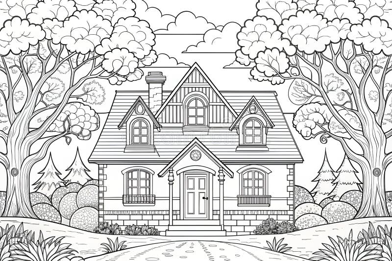 Coloring Page and Book, a House Surround by Tree Stock Illustration ...