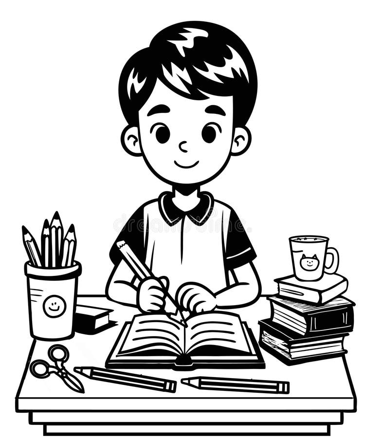 Coloring Page Boy at the School Desk Stock Vector - Illustration of ...