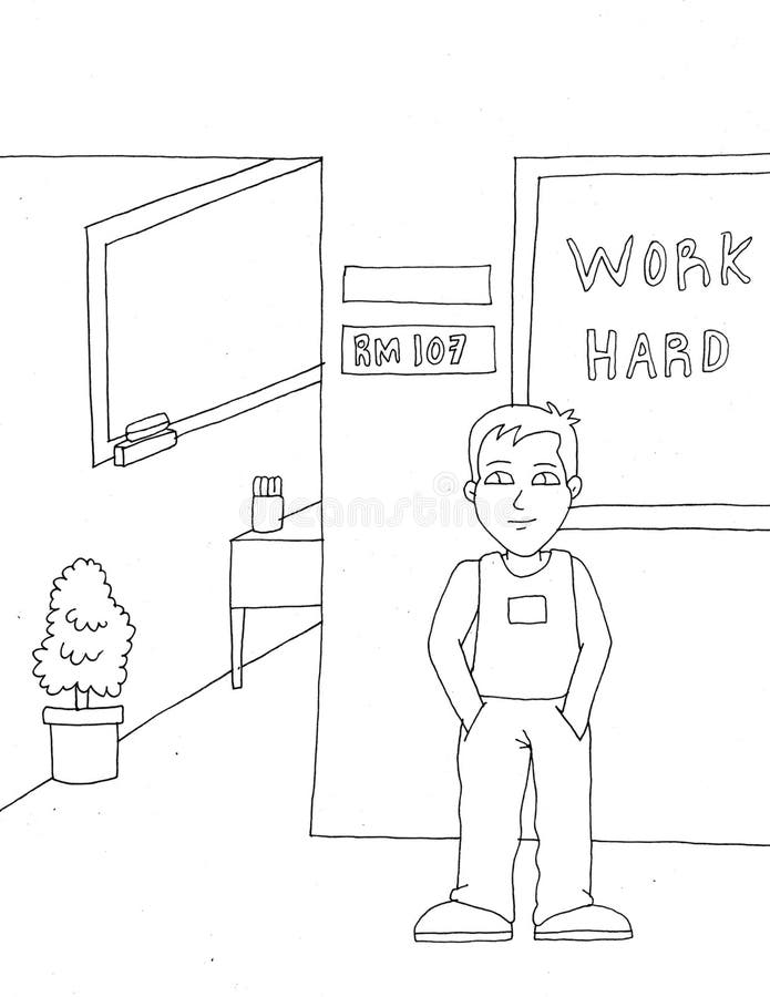 Coloring Page a Boy Standing Outside the Classroom Stock Illustration ...