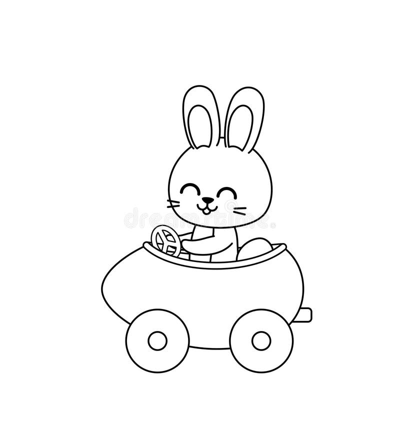 Coloring Page with Bunny Driving Egg Car. Black and White Easter Hare ...