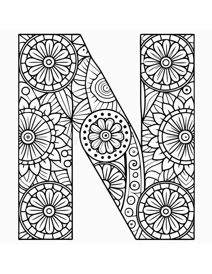 Coloring Page with a Capital Letter N with Plants Inside Stock ...