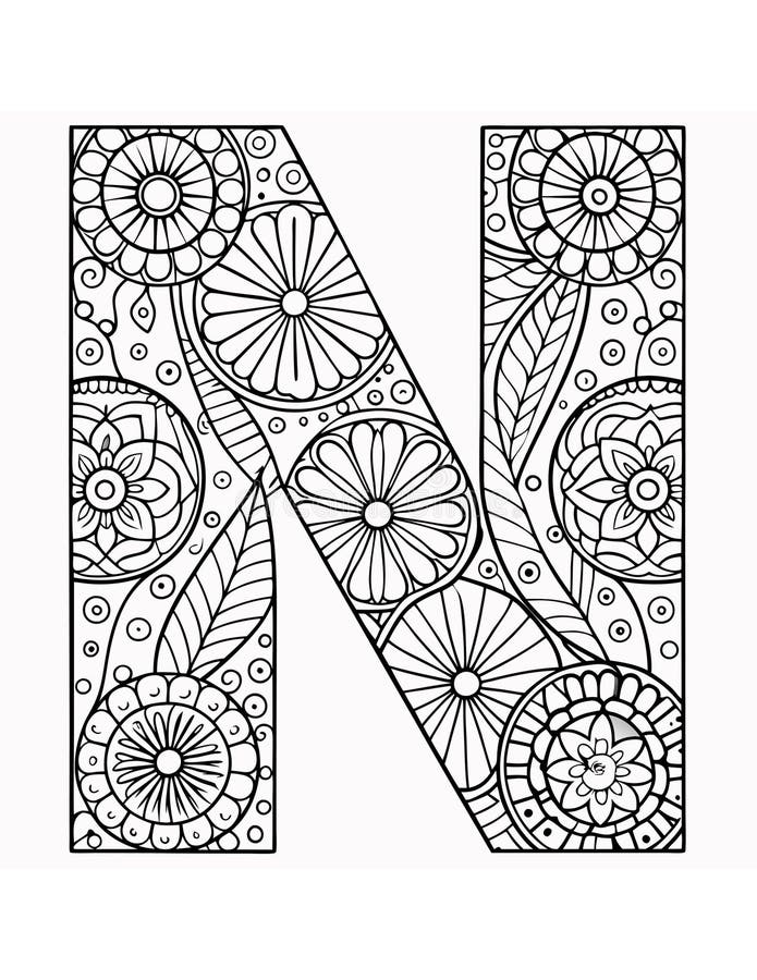 Coloring Page with a Capital Letter N with Plants Inside Stock ...