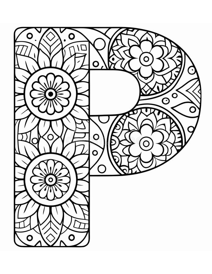 Coloring Page with a Capital Letter P with Plants Inside Stock ...