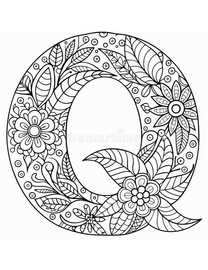 Coloring Page with a Capital Letter Q with Plants Inside Stock ...