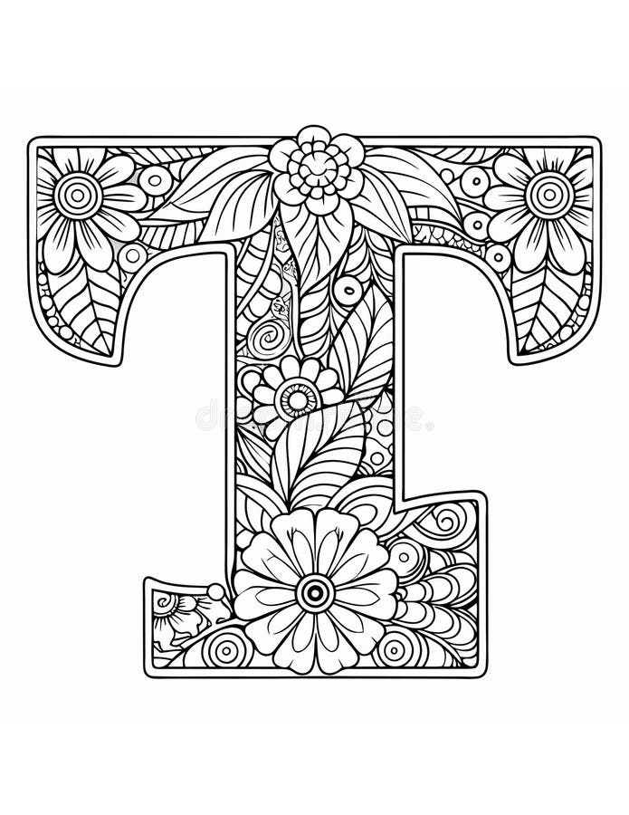 Coloring Page with a Capital Letter T with Plants Inside Stock ...