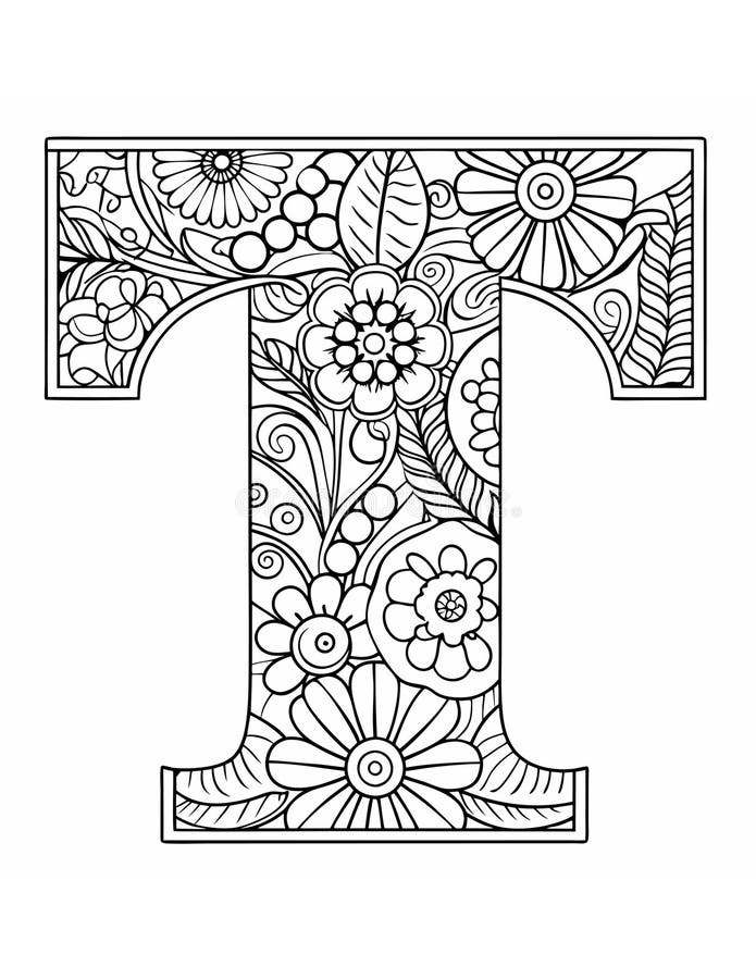 Coloring Page with a Capital Letter T with Plants Inside Stock ...